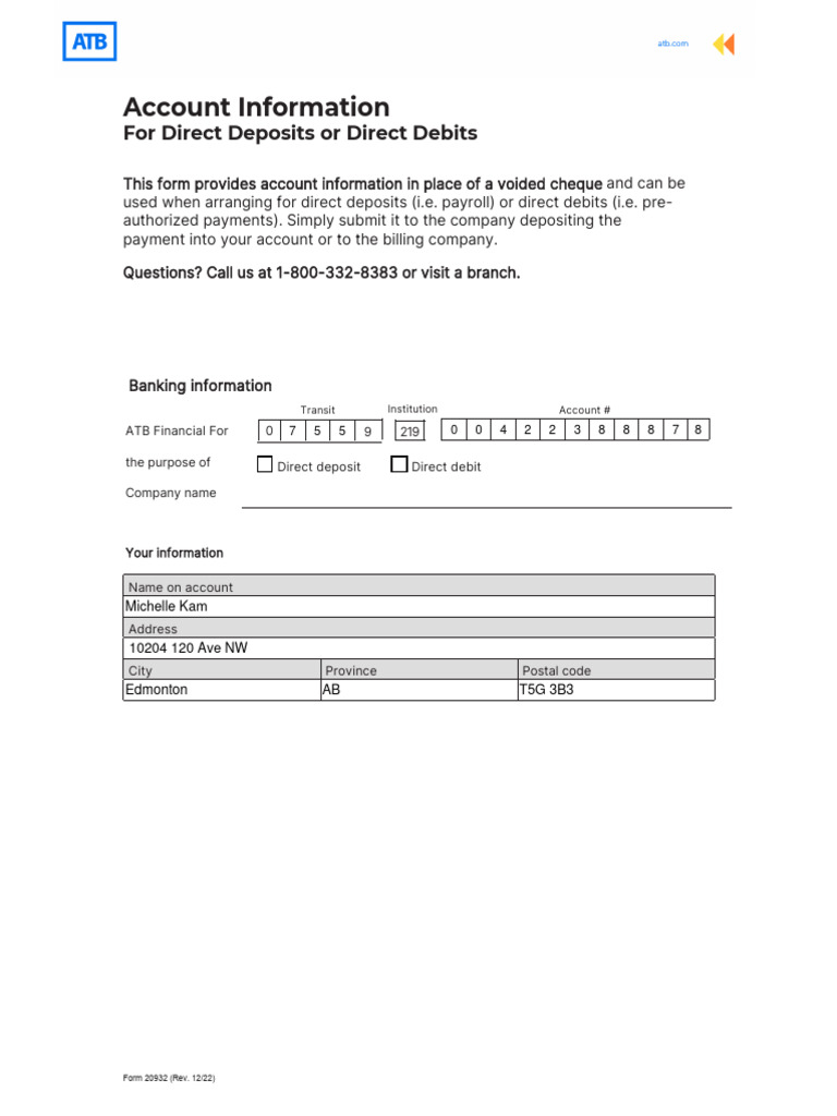 ATB Direct Deposit Form | PDF