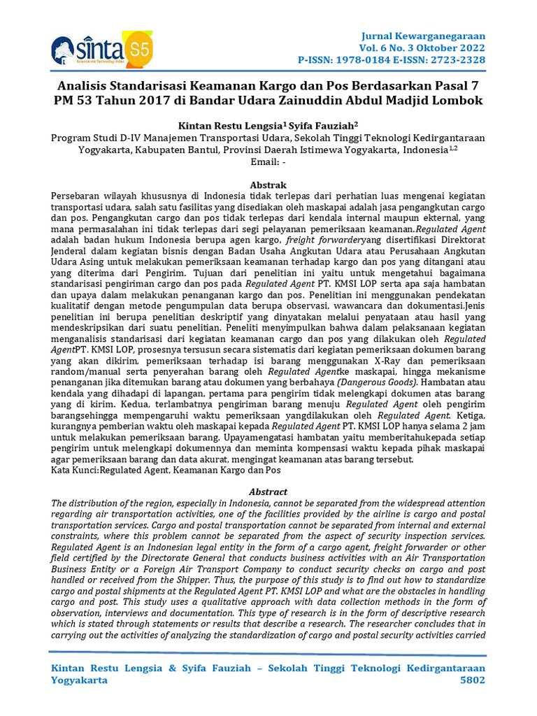 Analisis Standarisasi Keamanan Kargo Dan Pos Berdasarkan Pasal 7 PM 53 Tahun 2017 Di Bandar ...