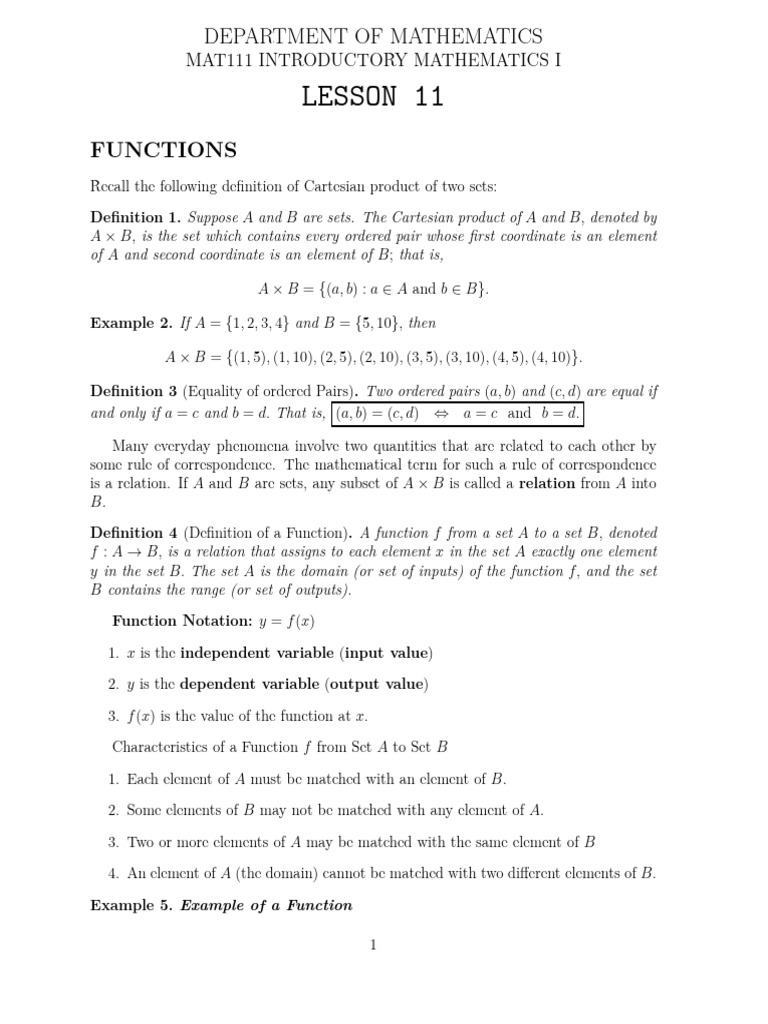MAT111 Lesson 11 | PDF | Function (Mathematics) | Set (Mathematics)