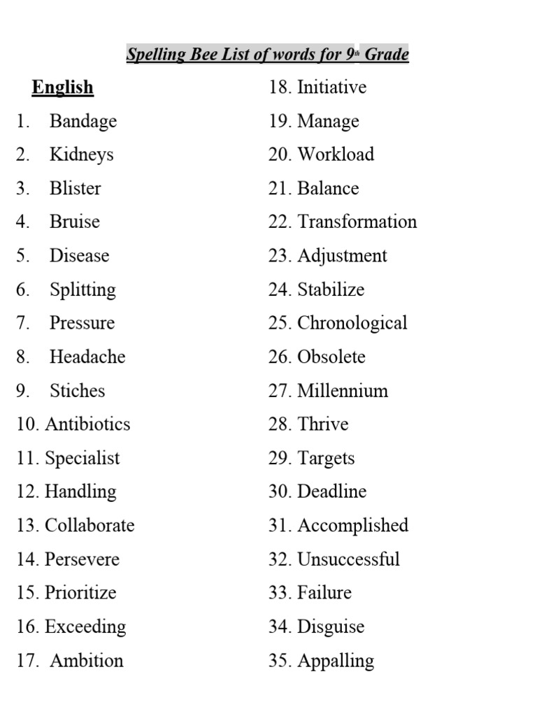 Grade 9 Spelling Bee Word List | PDF