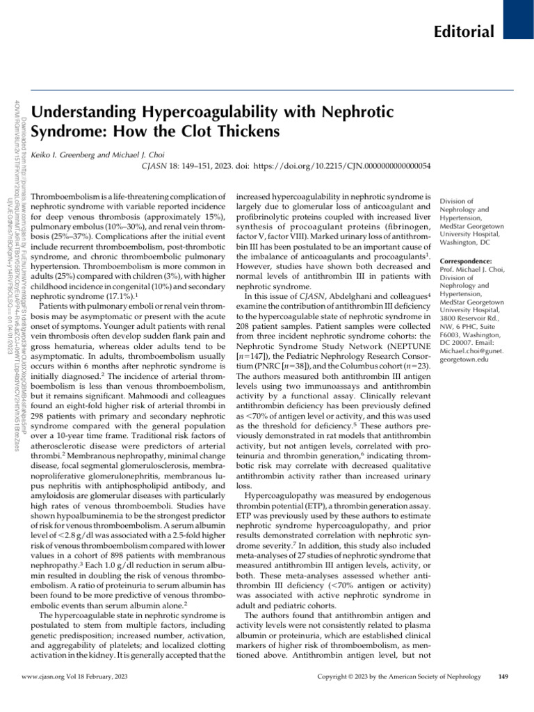Hypercoagulability in Nephrotic Syndrome | PDF