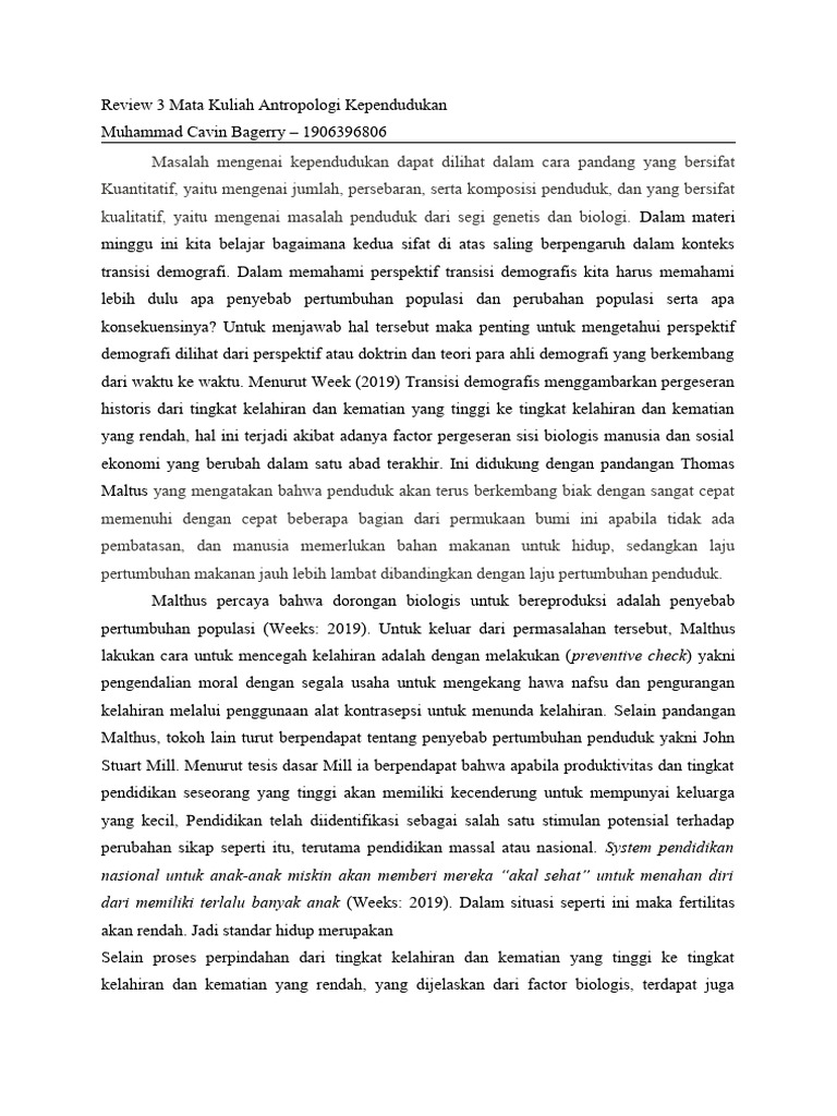 Review 3 Mata Kuliah Antropologi Kependudukan - Muhammad Cavin | PDF