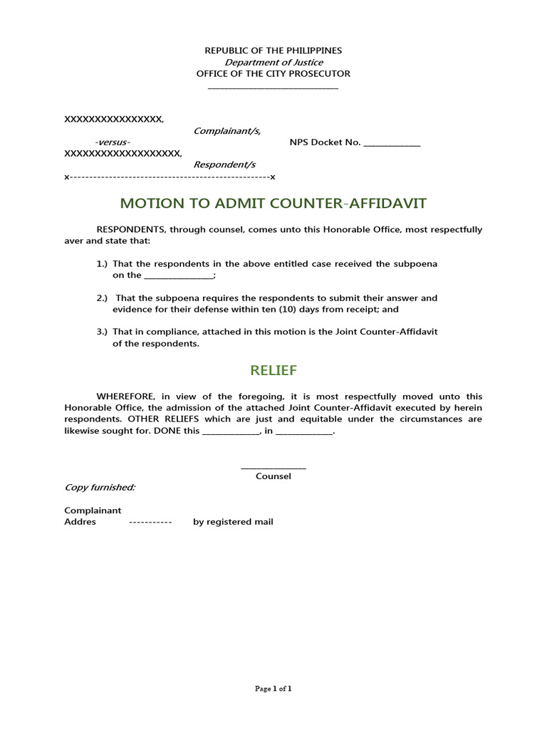 Motion To Admit Counter-Affidavit - XXXXX | PDF | Law