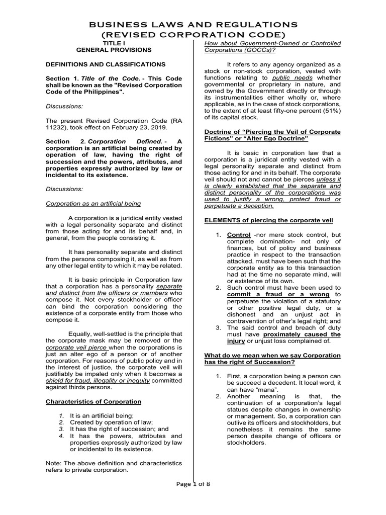 Revised Corporation Code Overview | PDF | Stocks | Corporations