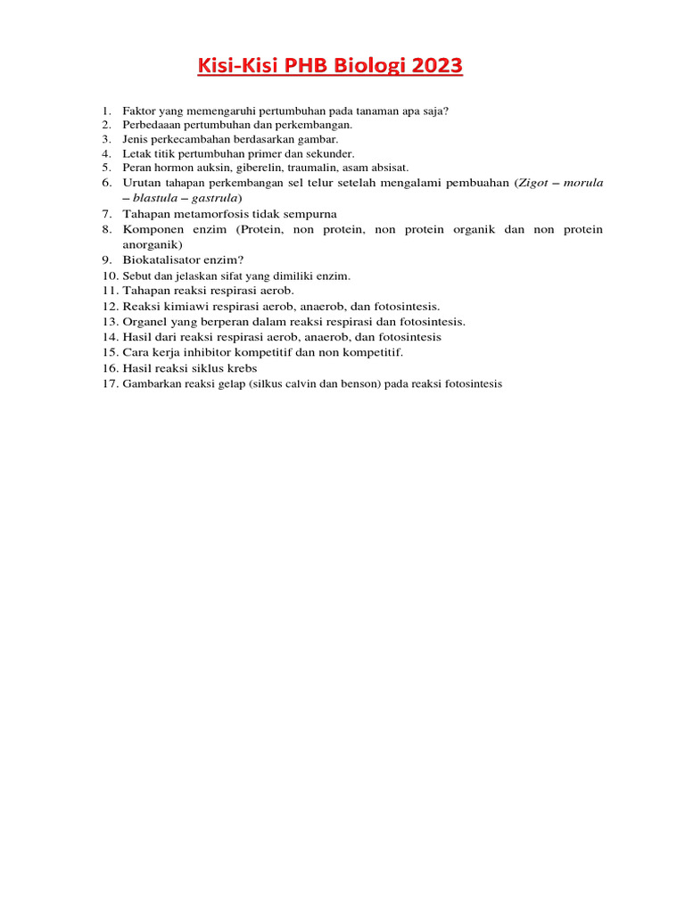 Kisi-Kisi PHB Biologi Kelas Xii | PDF