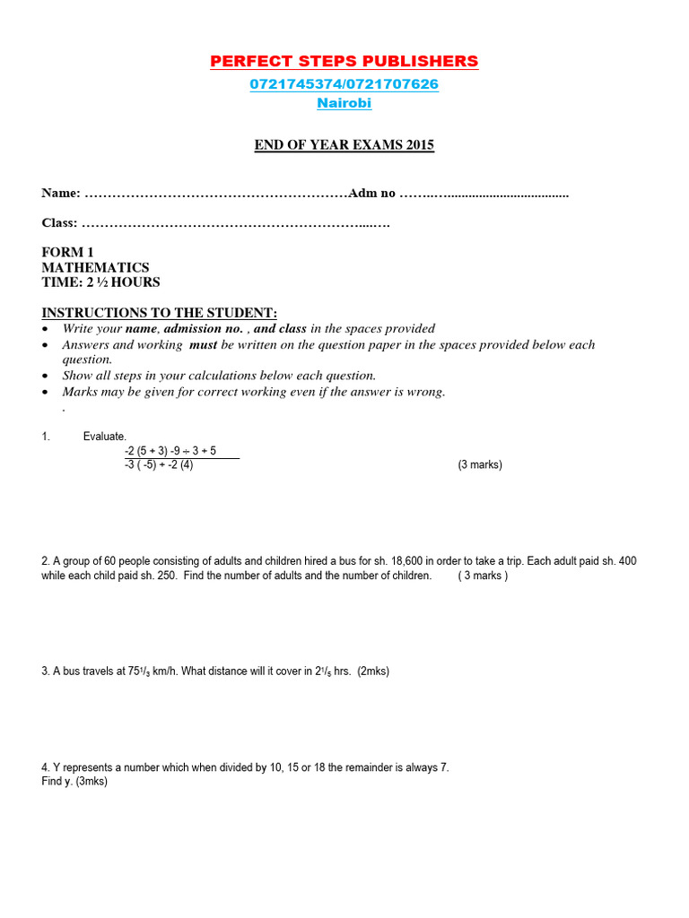 Form 1 Mathematics End Year Exam 2015 | PDF | Teaching Methods ...