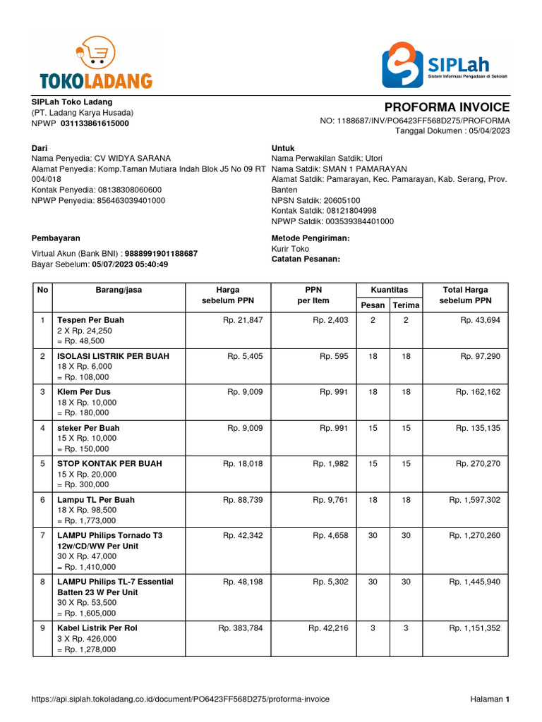 PROFORMA_INVOICE_alat listrik | PDF