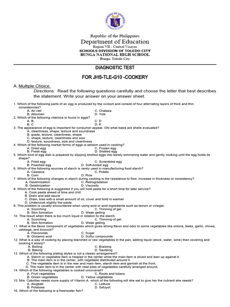 Diagnostic Test Cookery 10 | PDF