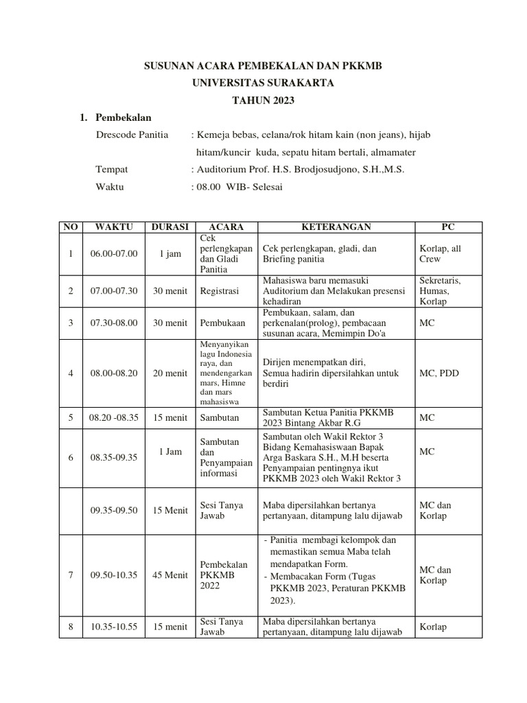 Susunan Acara PKKMB 2023 UNSA | PDF
