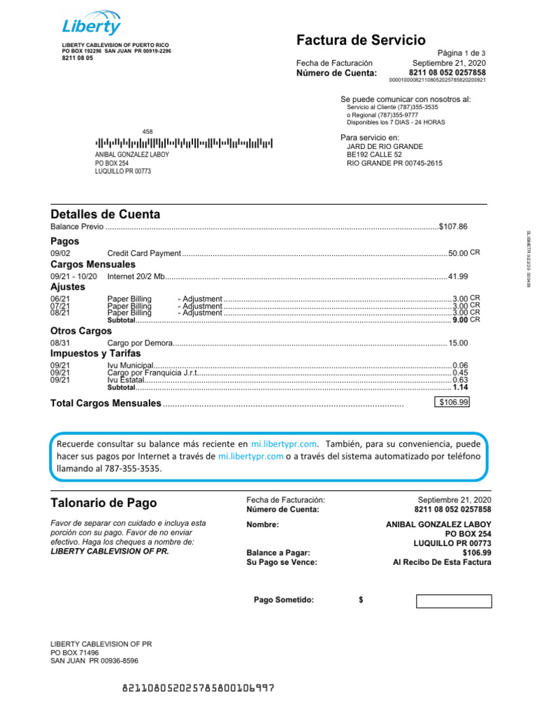 Factura Mensual de Liberty Cablevision | PDF