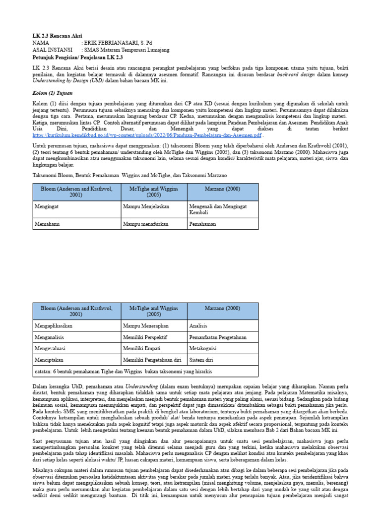 LK 2.3 Rencana Aksi Siklus 1 (Modul Ajar) - Erik Febrianasari, S. PD | PDF LK 2.3 Rencana Aksi Siklus 1 (Modul Ajar) - Erik Febrianasari, S. PD | PDF