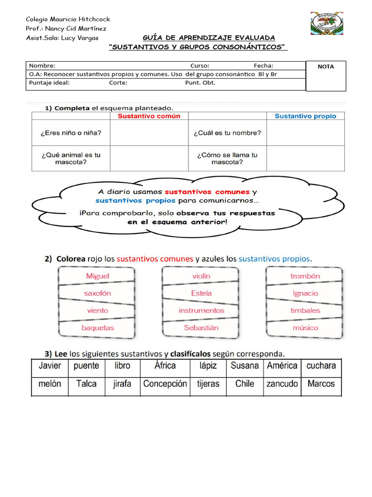Guía de Sustantivos Evaluada. | PDF