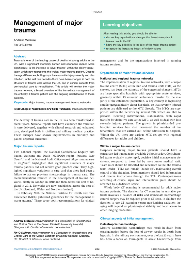 Management of Major Trauma | PDF