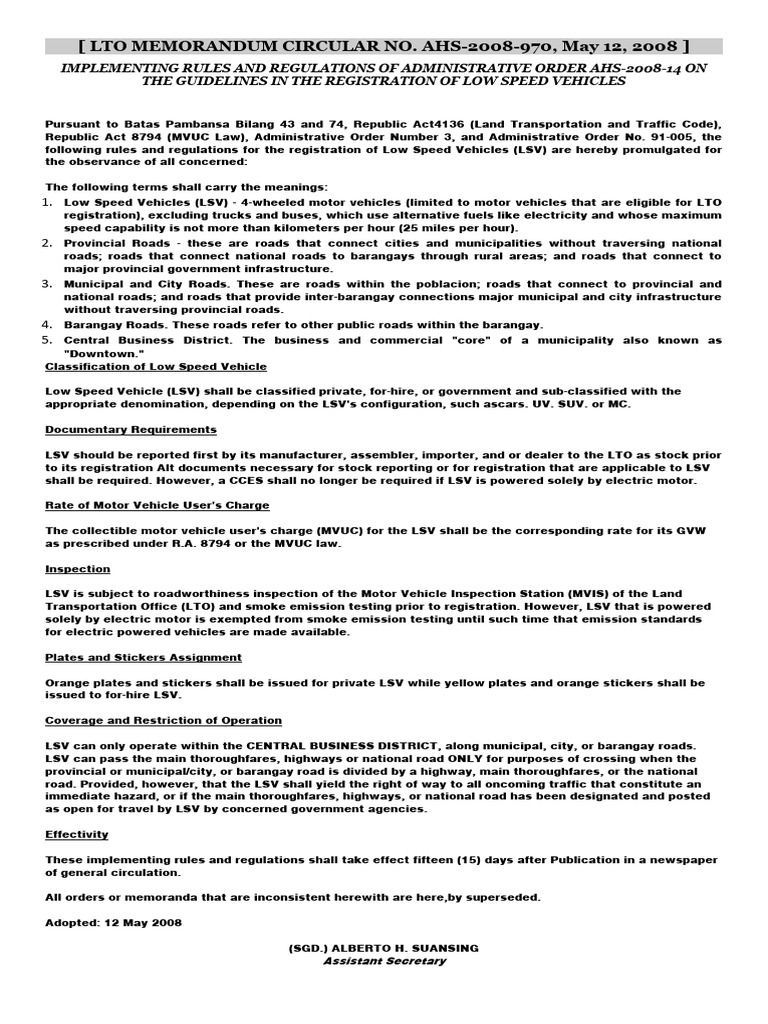 LTO MEMORANDUM CIRCULAR NO. AHS-2008-970, May 12, 2008 | PDF | Road | Vehicles