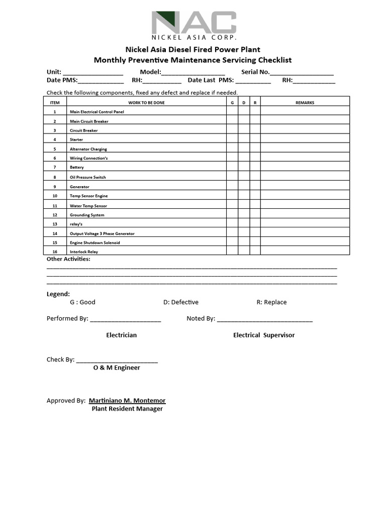 Monthly PMS Checklist for Electrical Systems | PDF