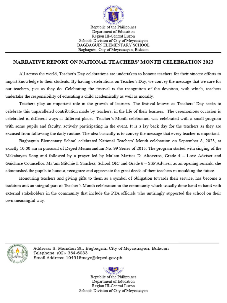 Narrative Report National Teachers Month Celebration September 8 2023 | PDF
