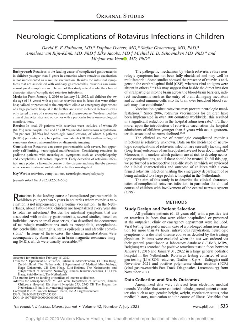 Complicaciones Neurológicas de Las Infecciones Por Rotavirus en Niños Ped Inf Dis 07 2023 | PDF ...