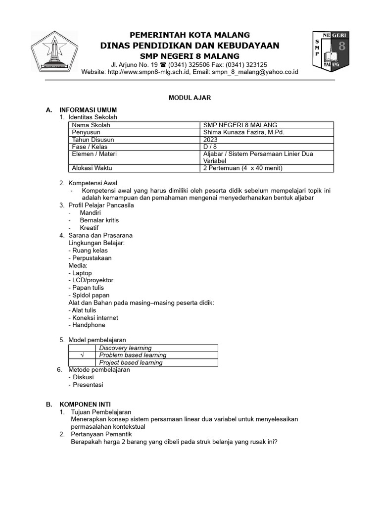 Modul Ajar Penerapan SPLDV | PDF
