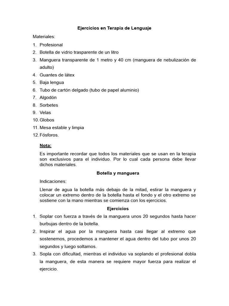 Ejercicios en Terapia de Lenguaje | PDF | Botella | Boca