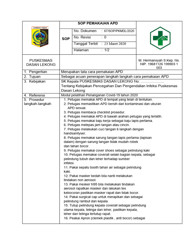 Sop Pemakaian Apd | PDF
