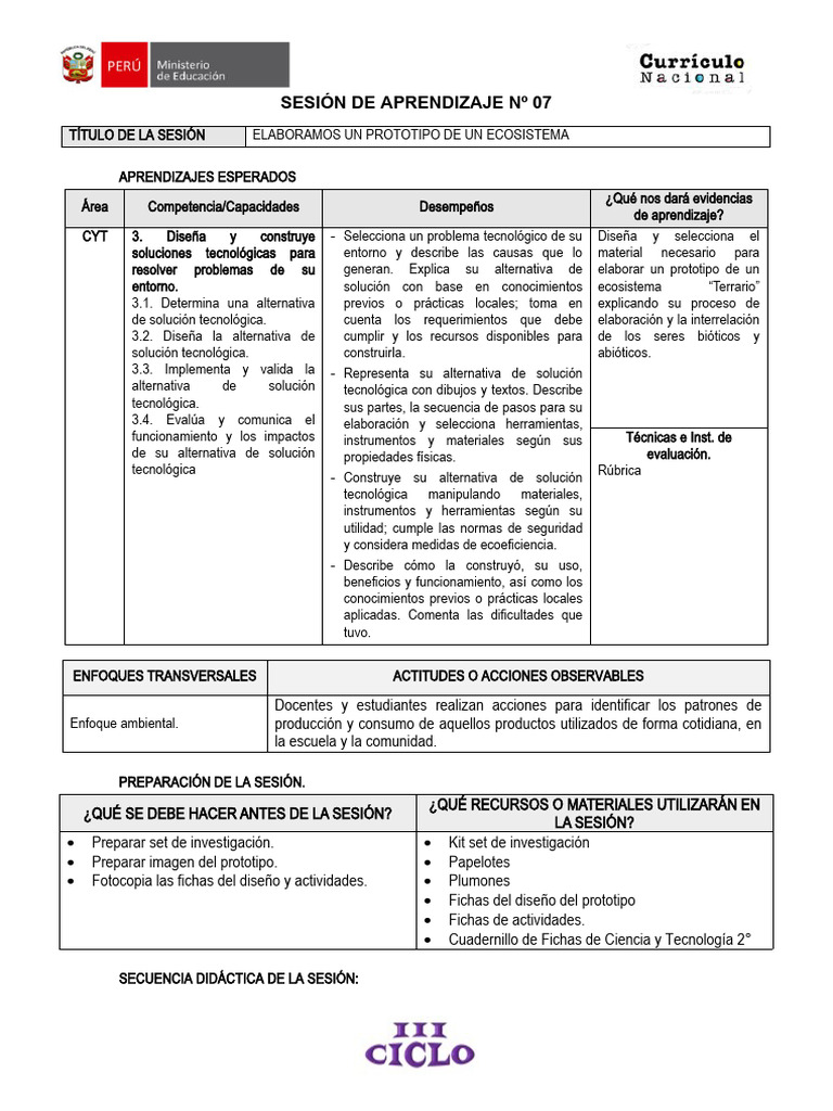 SESION DE APRENDIZAJE N°07 - CyT | PDF