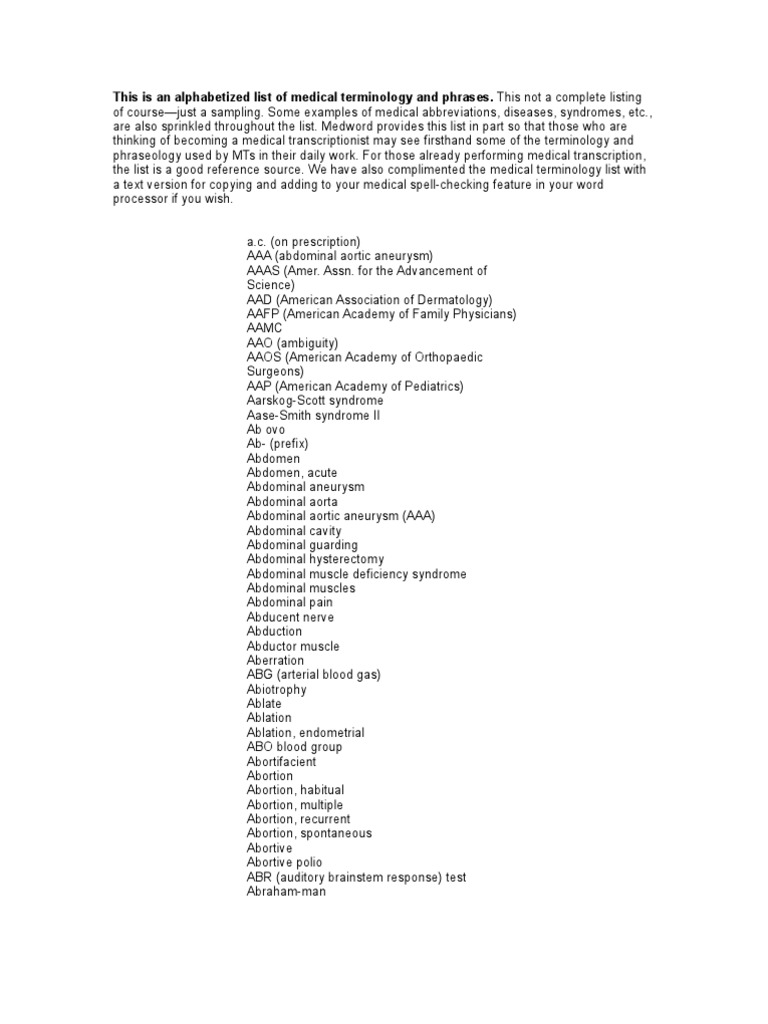 Medical Terminology Reference List | PDF | Cancer | Heart