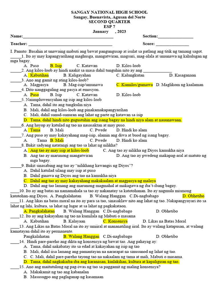 2ND Quarter G7 Esp TQ With Answer | PDF