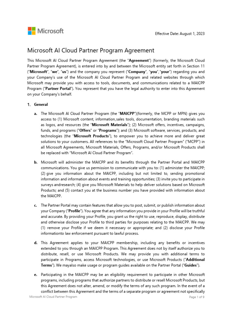 Microsoft AI Cloud Partner Program Agreement (August 2023) | PDF