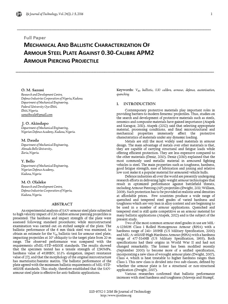 Mechanical and Ballistic Characterization of Armour Steel Plate Against ...