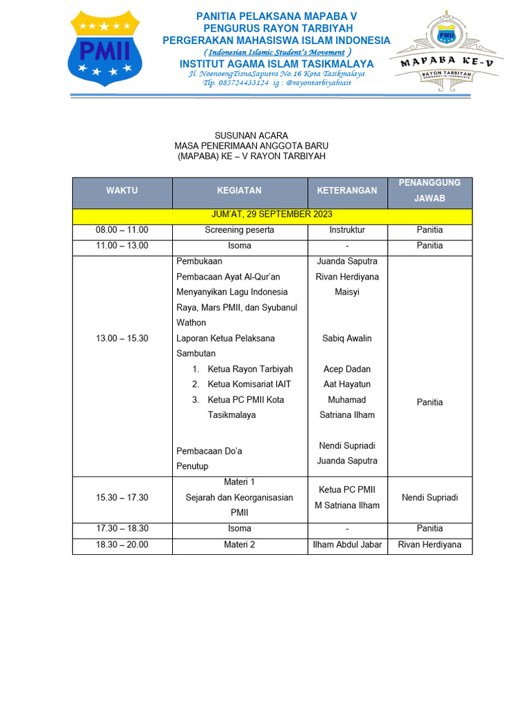 Roundown Kegiatan Mapaba V | PDF