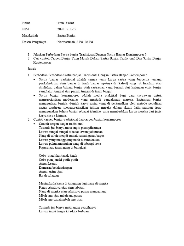 Tugas Sastra Banjar Kesatu Muh. Yusuf | PDF