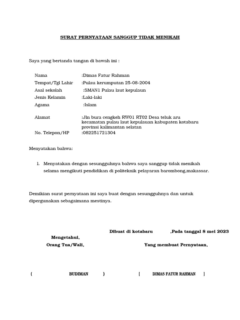 Surat Pernyataan Sanggup Tidak Menikah | PDF