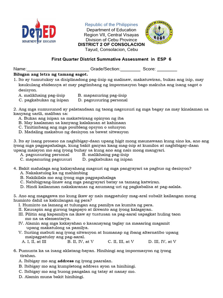 Q 1 - ESP 6 Summative Assessment | PDF