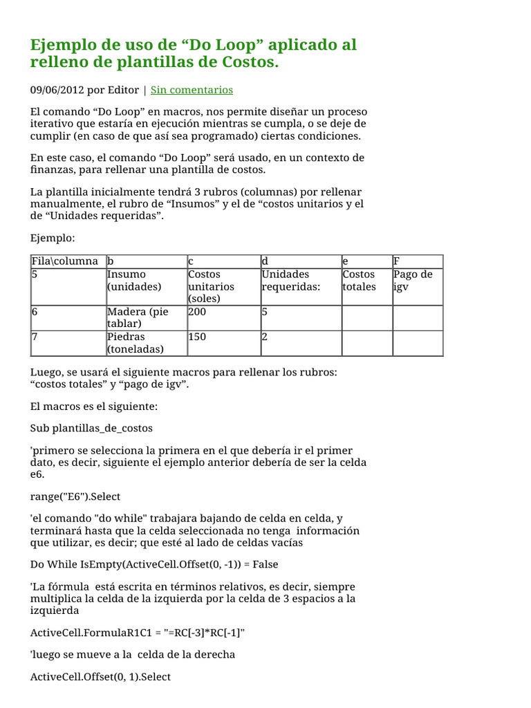Ejemplo de uso de “Do Loop” aplicado al relleno de plantillas de Costos ...