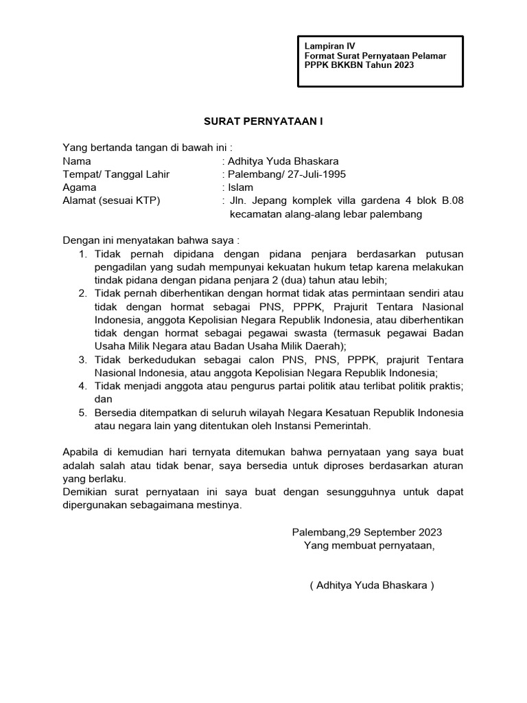 Format Surat Pernyataan PPPK | PDF