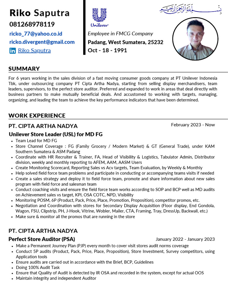 CV Riko Saputra Supervisor | PDF