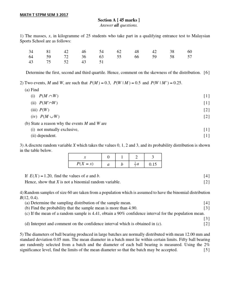 Math T STPM Sem 3 2017 | PDF | Mean | Probability Distribution