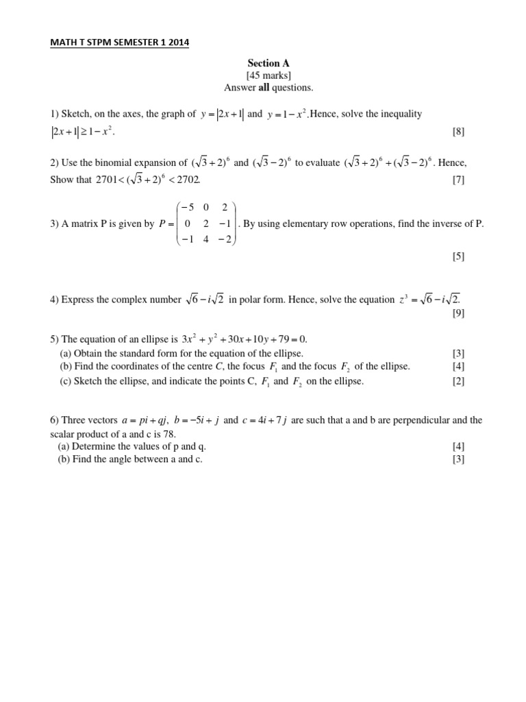 Math T STPM Semester 1 2014 | PDF | Ellipse | Complex Number