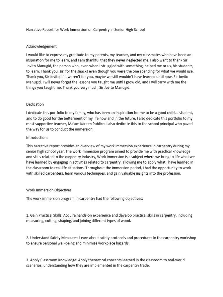 Narrative Report For Work Immersion On Carpentry in Senior High School ...