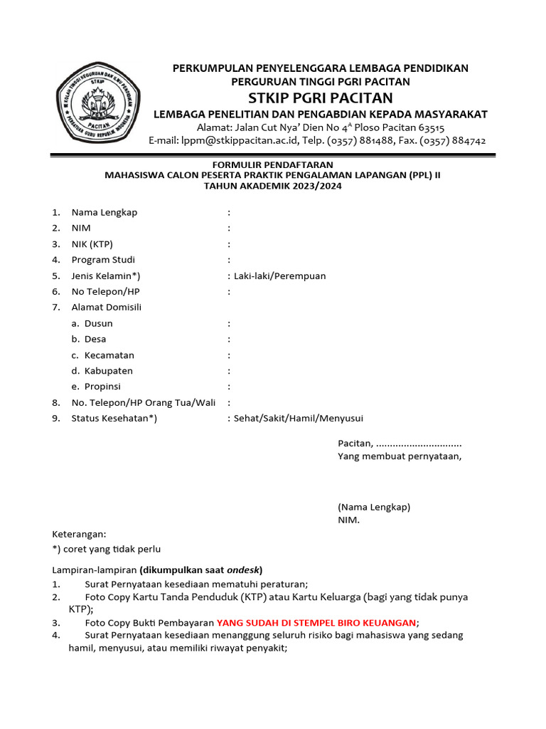 Formulir & Surat Pernyataan PPL 2023-1 | PDF