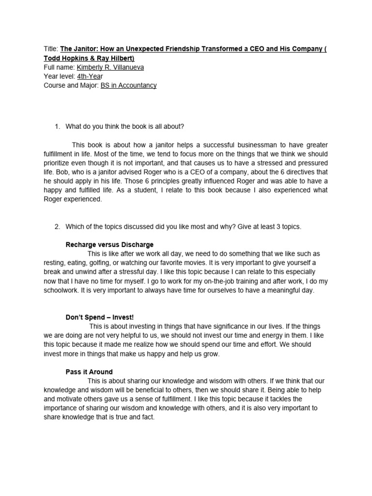 Title - The Janitor - How An Unexpected Friendship Transformed A CEO ...