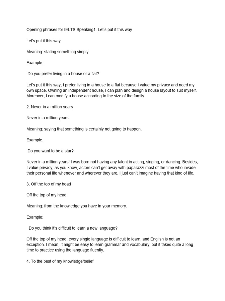 Opening Phrases For IELTS Speaking1 | PDF | Knowledge | Cognition