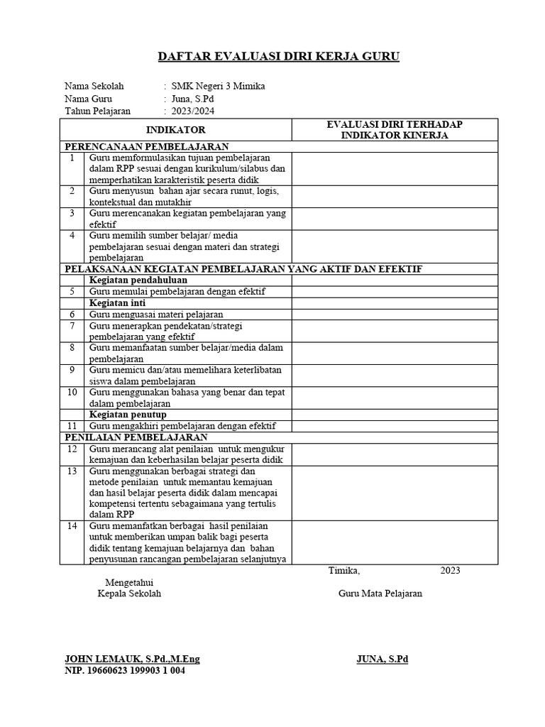 Daftar Evaluasi Diri Kerja Guru Dan Tindak Lanjut | PDF