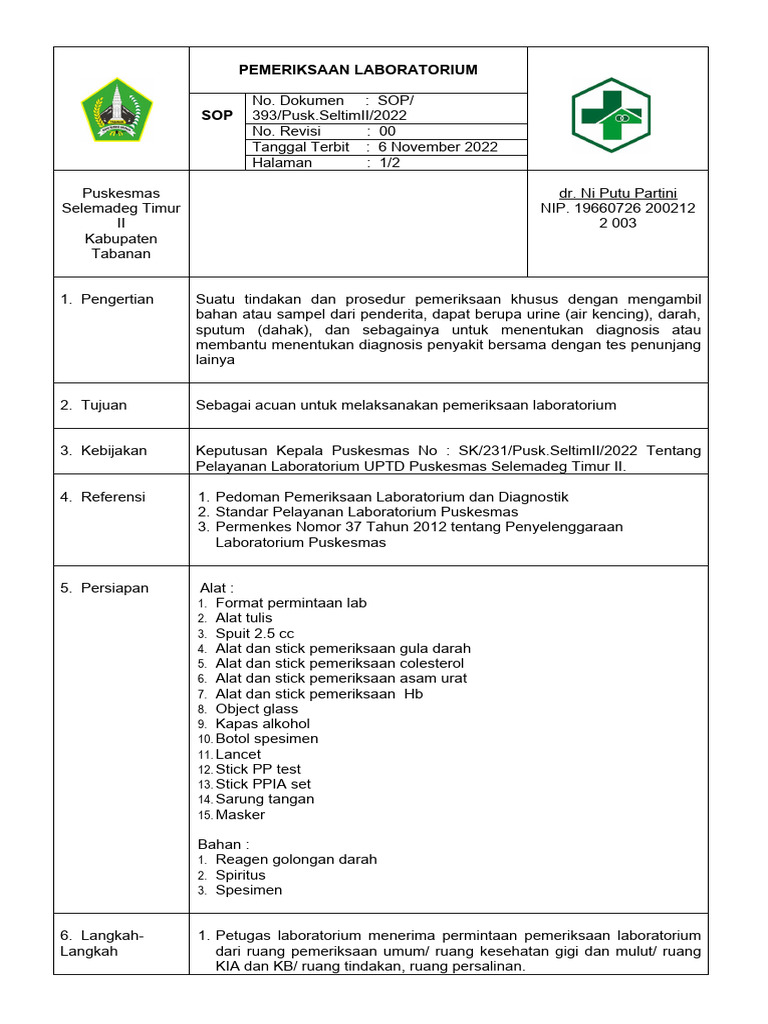 SOP Pemeriksaan Laborat Fix | PDF SOP Pemeriksaan Laborat Fix | PDF