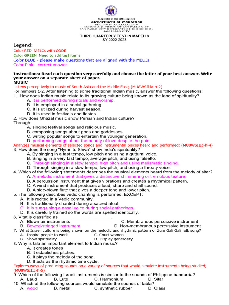 Final G8 THIRD QUARTERLY EXAMINATION IN MAPEH WITH MELCS | PDF