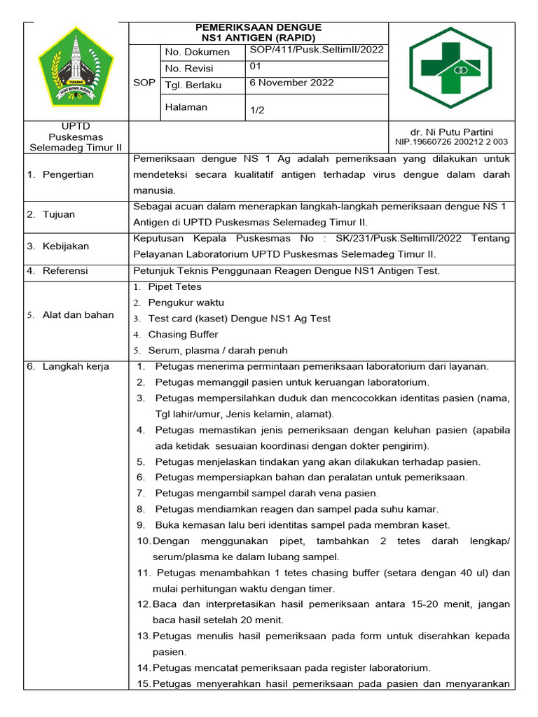 Sop Pemeriksaan Dengue NS 1 | PDF | Sains & Matematika