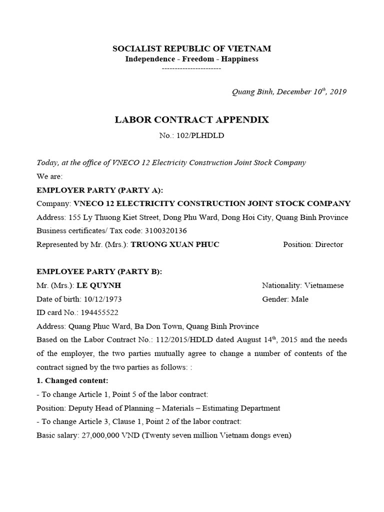 Labor Contract Appendix: Socialist Republic of Vietnam | PDF