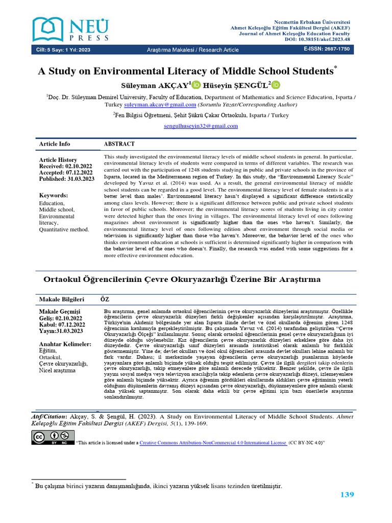 11 A Study On Environmental Literacy of Middle School Students | PDF ...