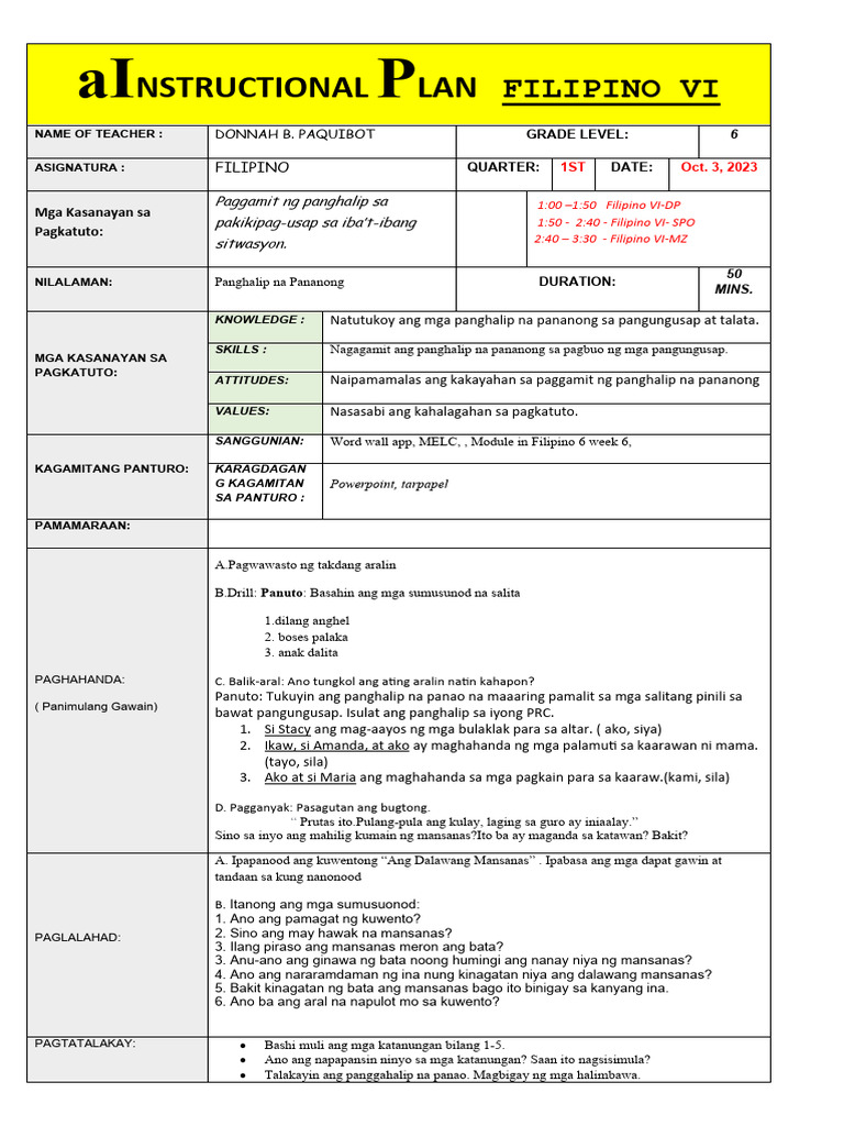Instructional Plan Filipino V1-Cot 1 Panghalip | PDF