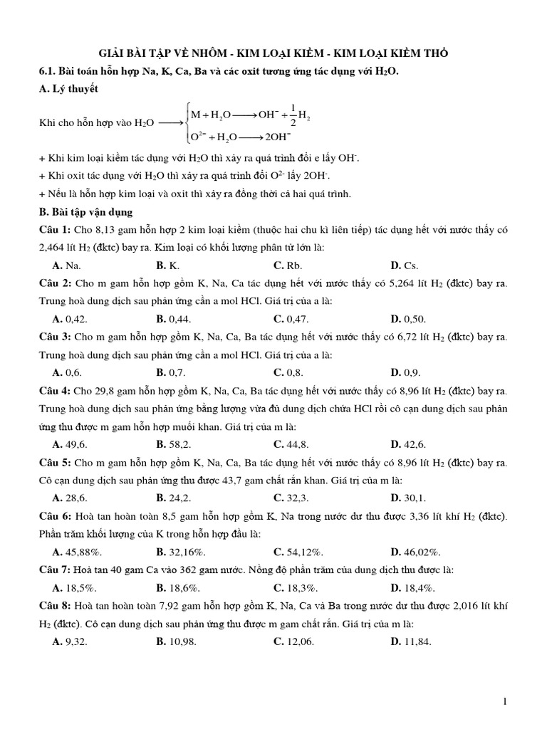 BTVN BU I 3 - 6.1 Bài Toán H N H P Na, K, Ca, Ba Và Các Oxit Tương NG ...